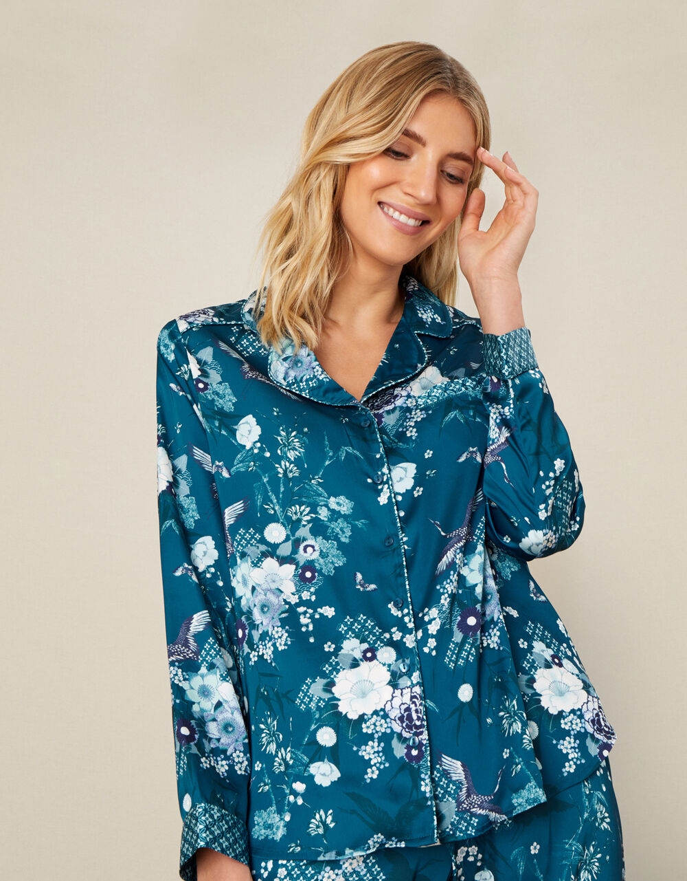Floral Satin Pyjama Set Teal | Pyjamas | Monsoon UK.