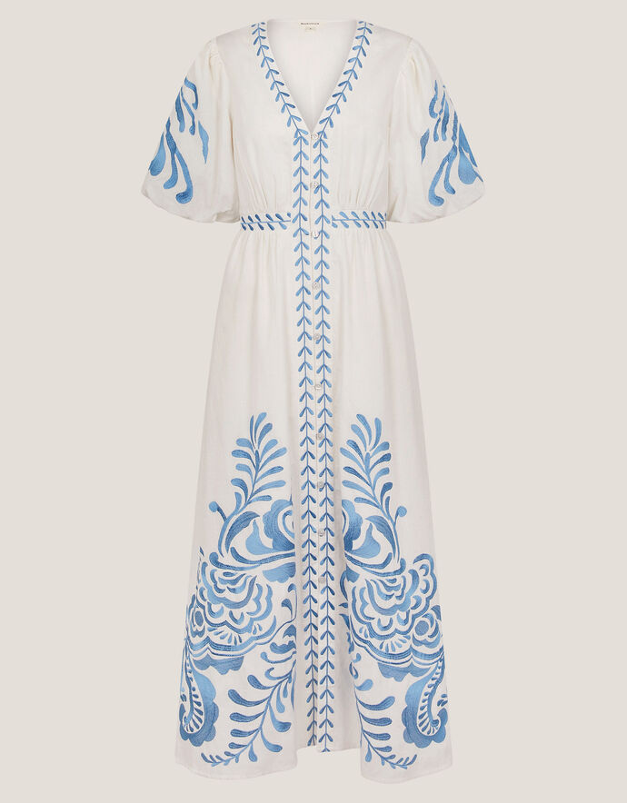 Maria Embroidered Puff Sleeve Midi Dress White