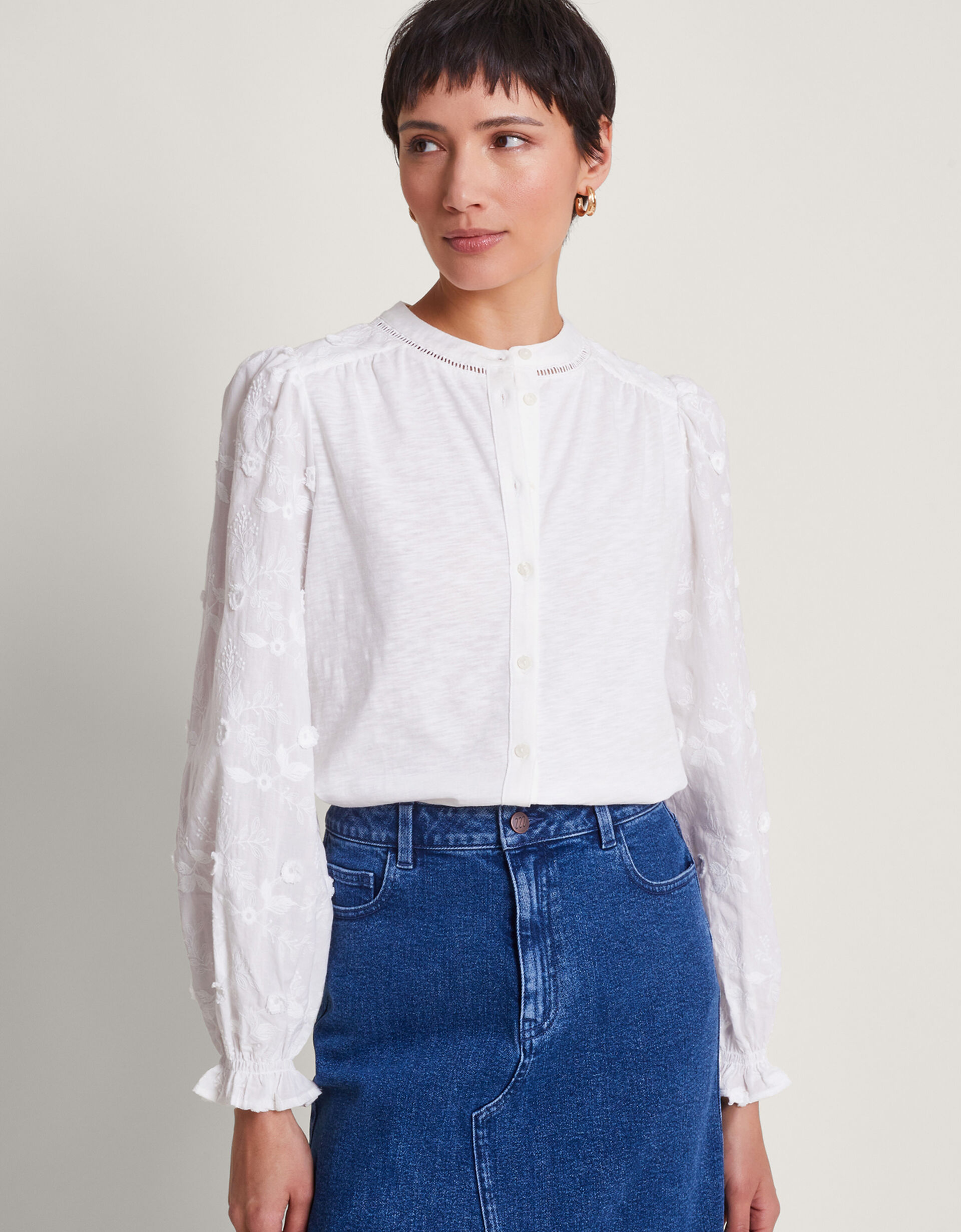 Indi Embroidered Sleeve Shirt Ivory | Blouses & Shirts | Monsoon UK.