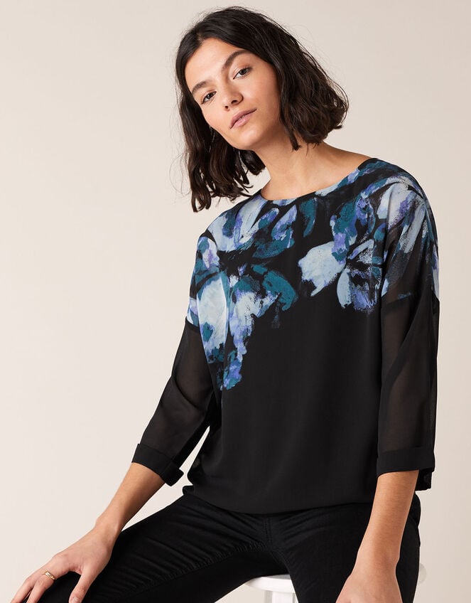 Floral Placement Print Blouse Black | Blouses & Shirts | Monsoon UK.