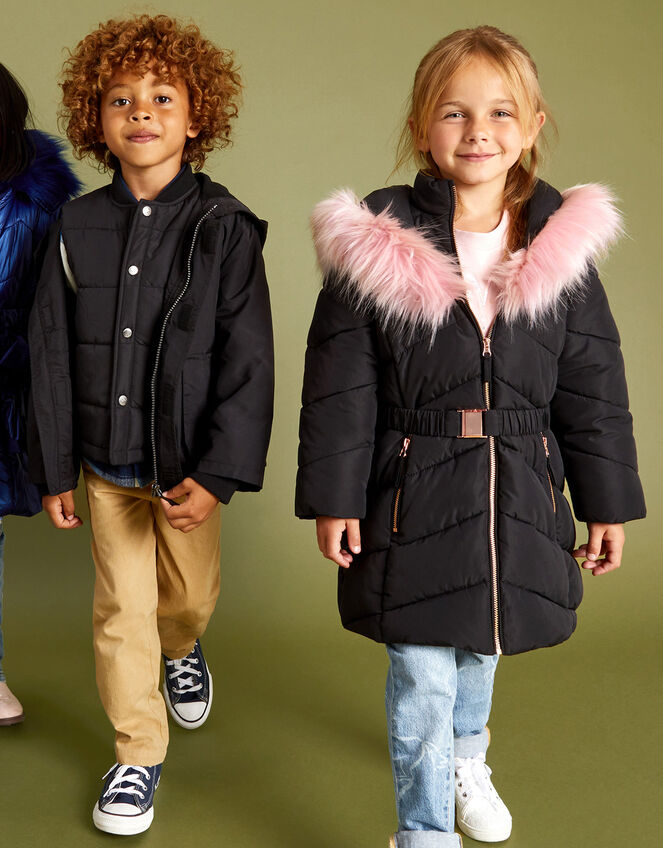 Belted Faux Fur Hooded Coat Black | Girls' Coats & Jackets | Monsoon UK.