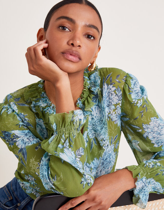 Eva Floral Ruffle Blouse Green | Blouses & Shirts | Monsoon UK.