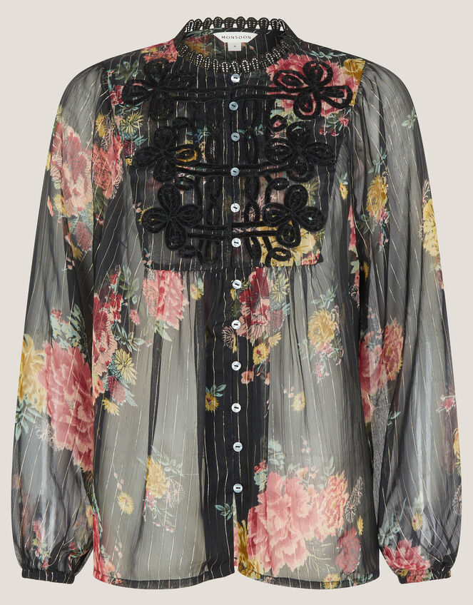 Azami Shimmer Stripe Floral Blouse Black | Tops & T-shirts | Monsoon UK.