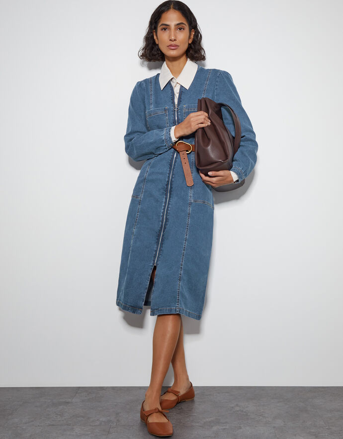 Izzy Long Sleeve Denim Zip Midi Dress Blue