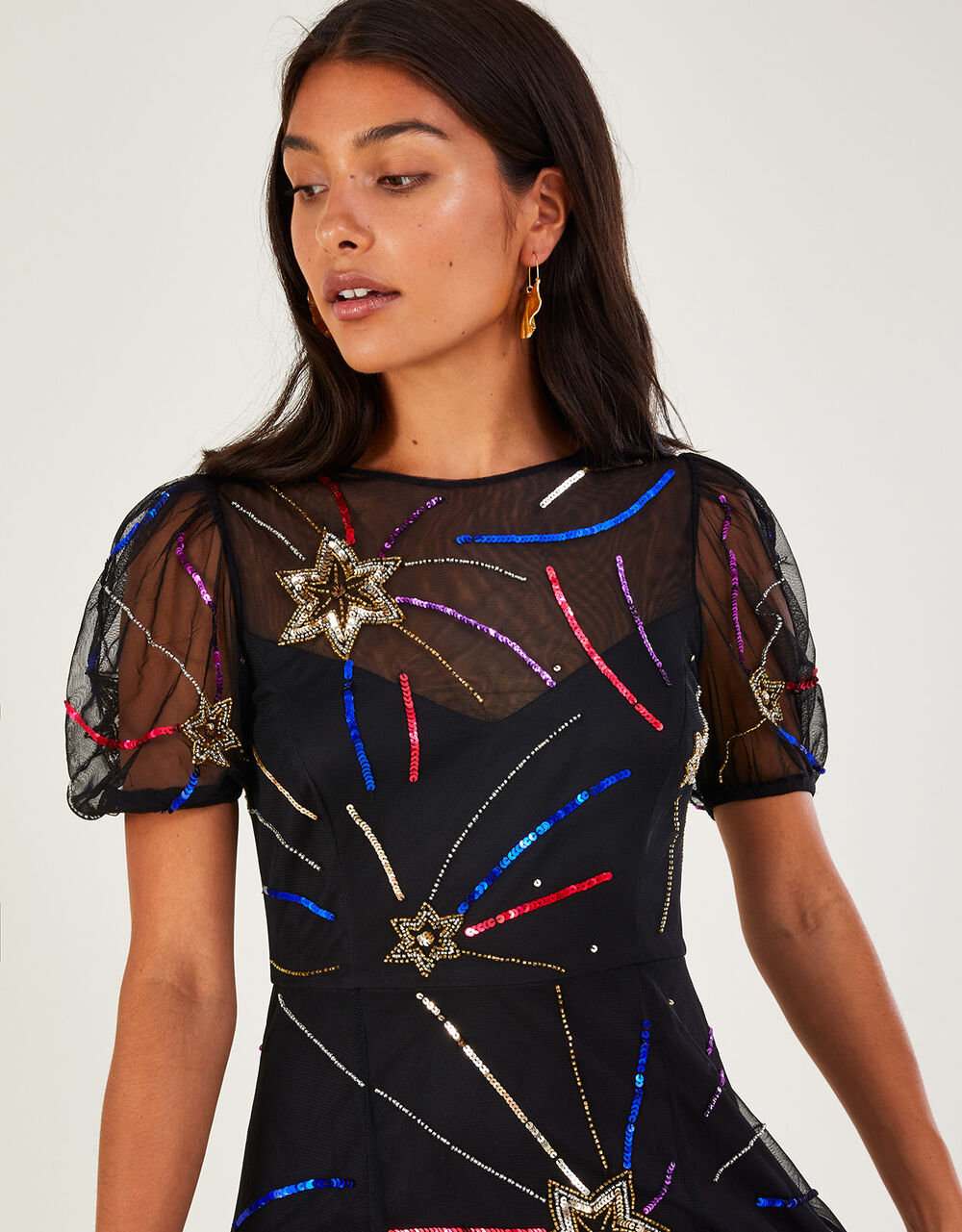 Zoey Embellished Star Midi Dress in Recycled Polyester Black ...