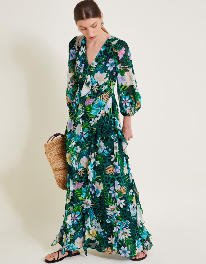 Ani Floral Ruffle Dress Green | Evening Dresses | Monsoon UK.