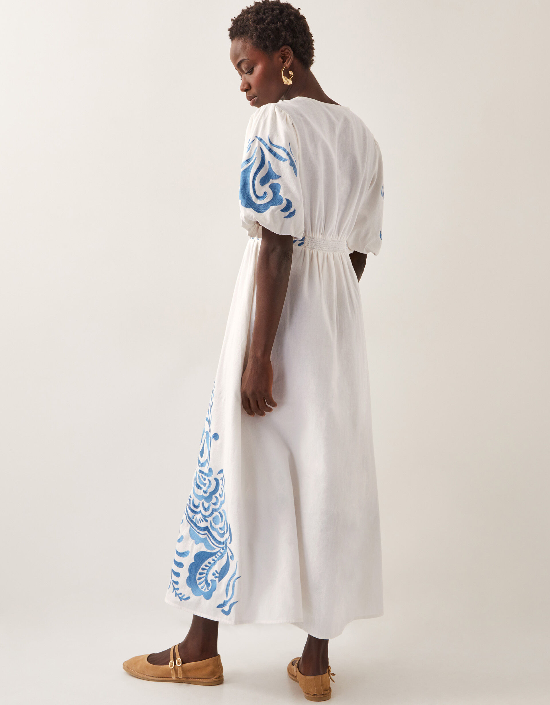 Maria Embroidered Puff Sleeve Midi Dress White | Day Dresses | Monsoon UK.