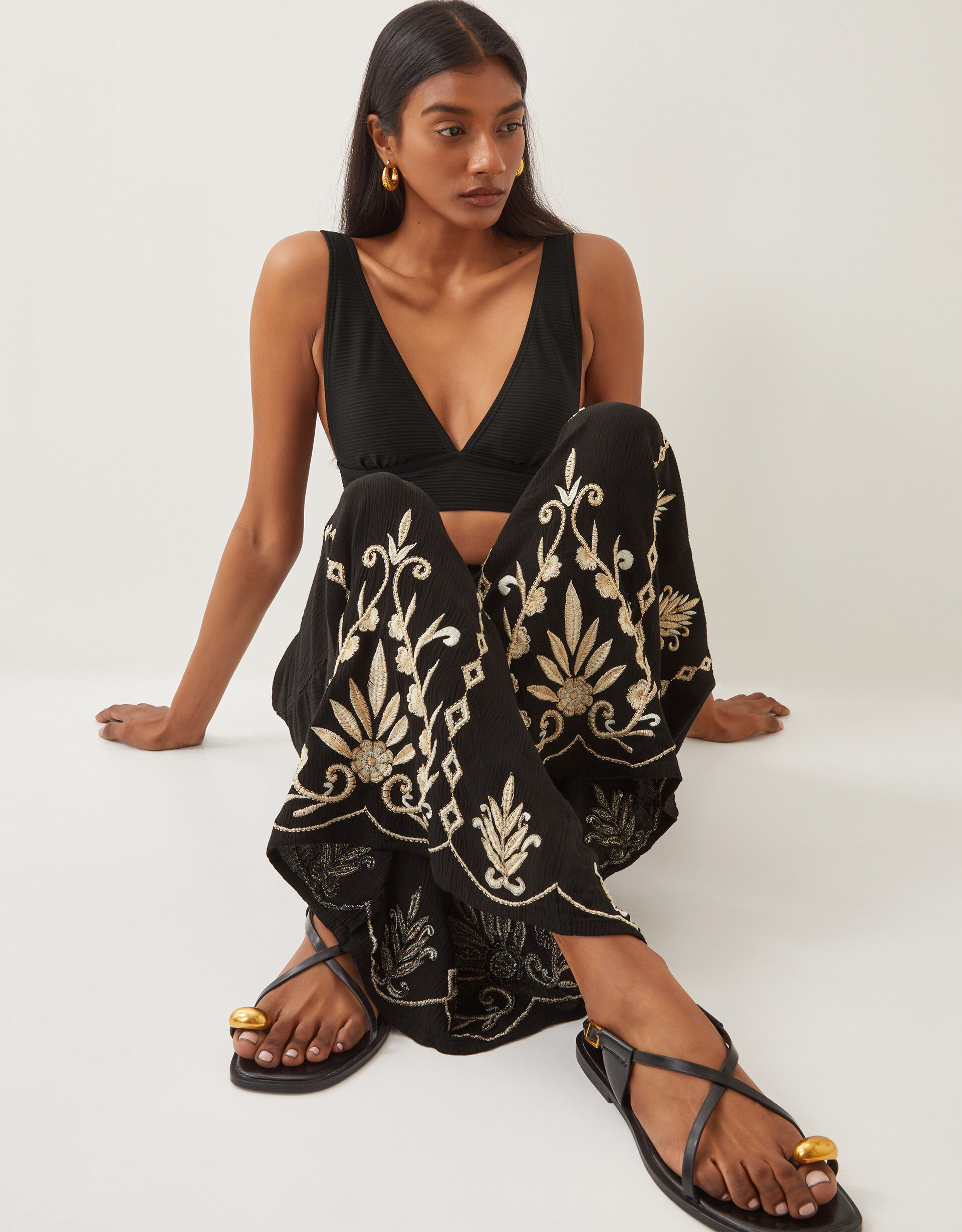 Saffron Embroidered Wide Leg Trousers Black | Trousers & Leggings ...