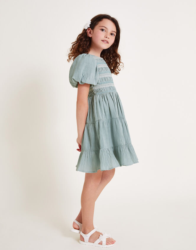 Puff Sleeve Shirred Dress Green | Girls' Dresses | Monsoon UK.