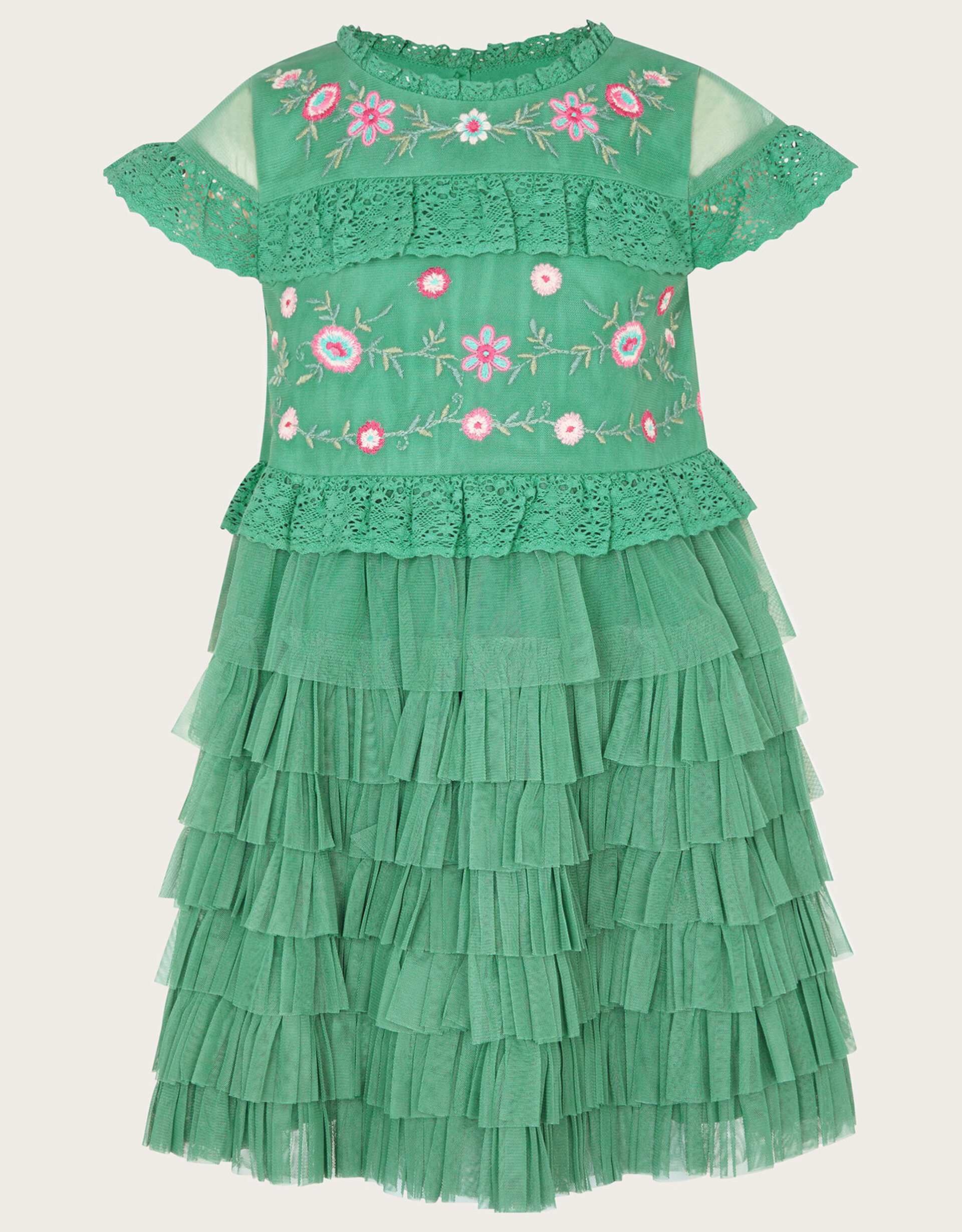 Embroidered Crochet Layered Dress Green