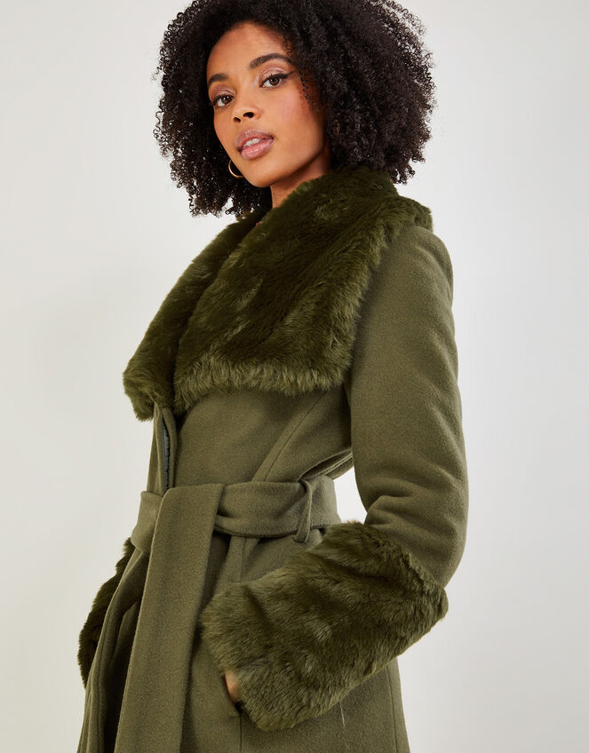 Sadie Faux Fur Trim Wrap Coat Green | Women's Coats | Monsoon UK.