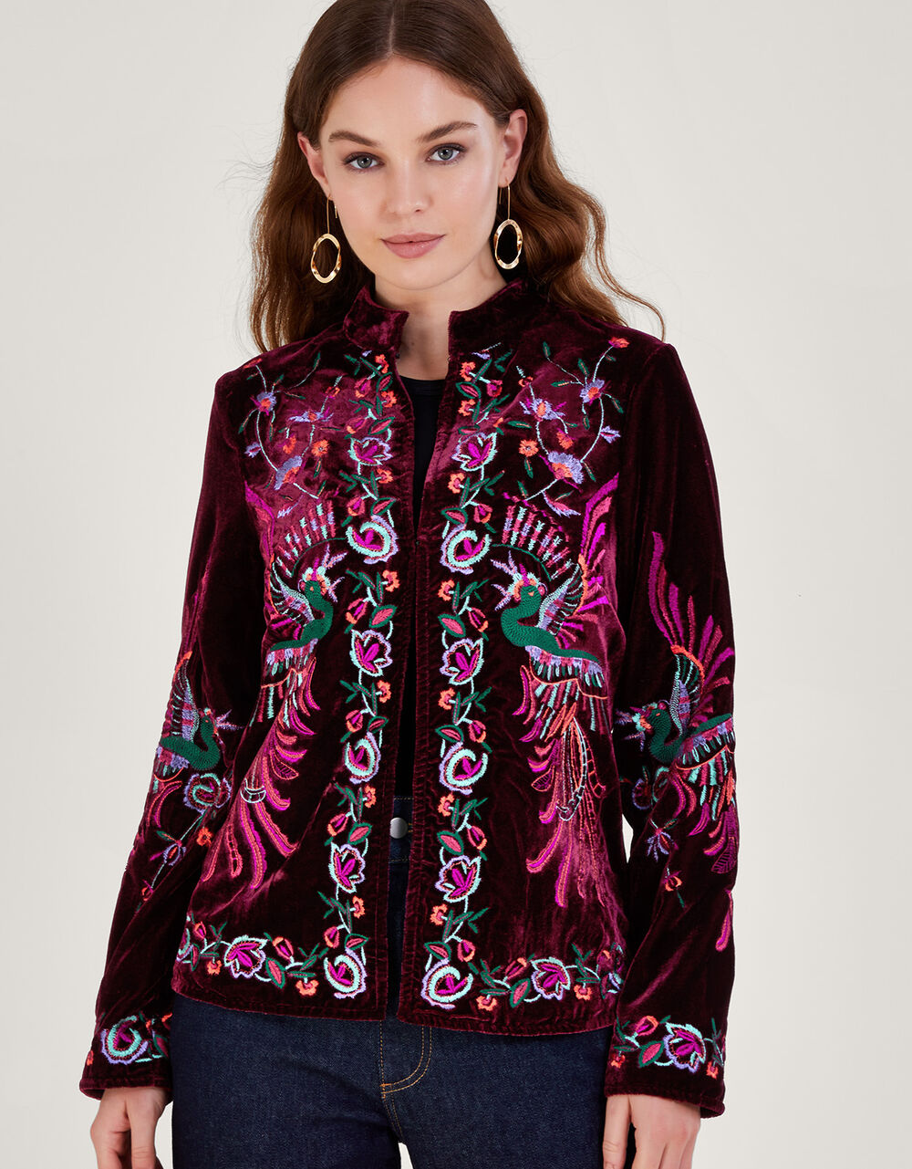 Verina Embroidered Velvet Jacket Red | Women's Jackets | Monsoon UK.