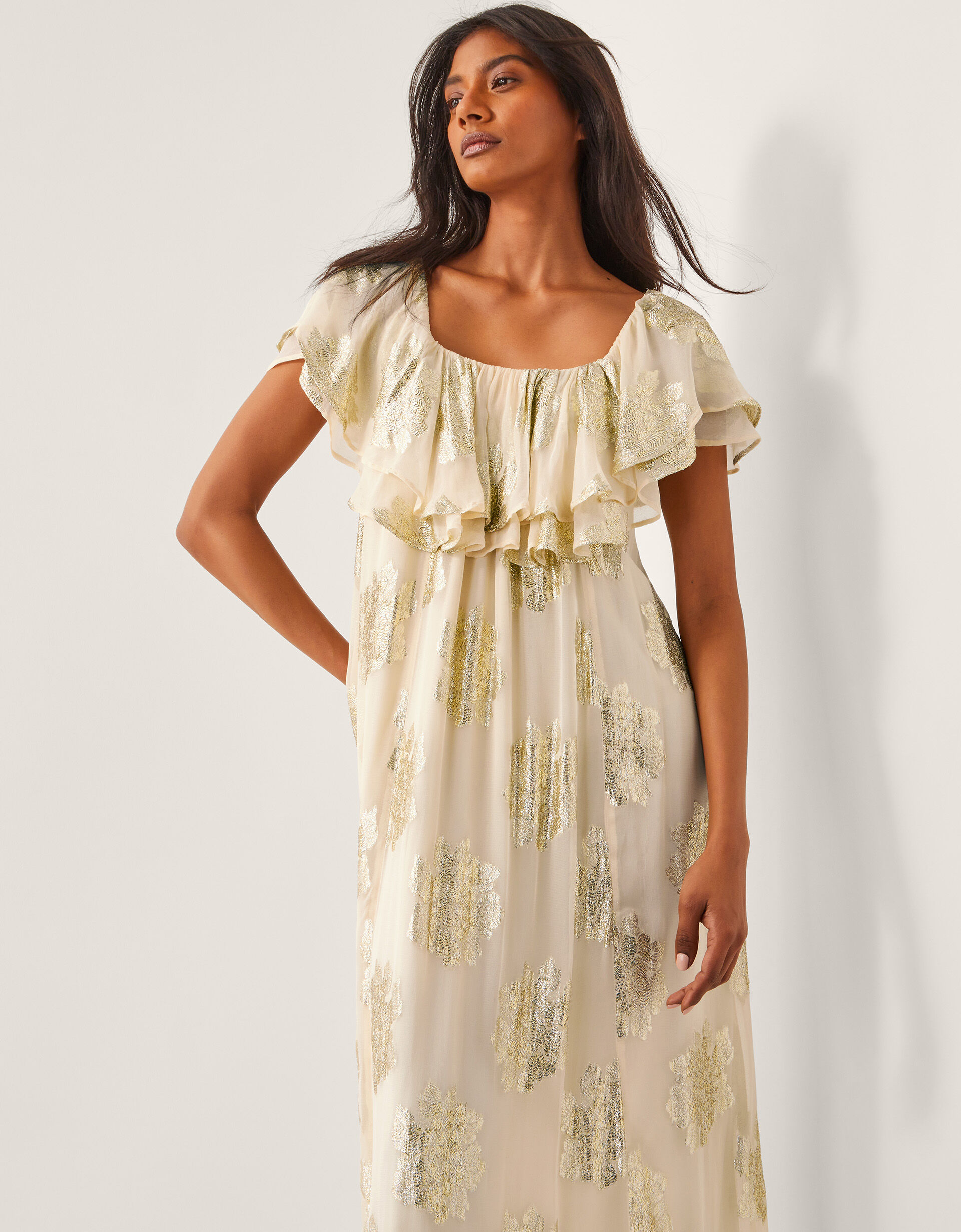Lyra Metallic Ruffle Maxi Dress Ivory | Evening Dresses | Monsoon UK.