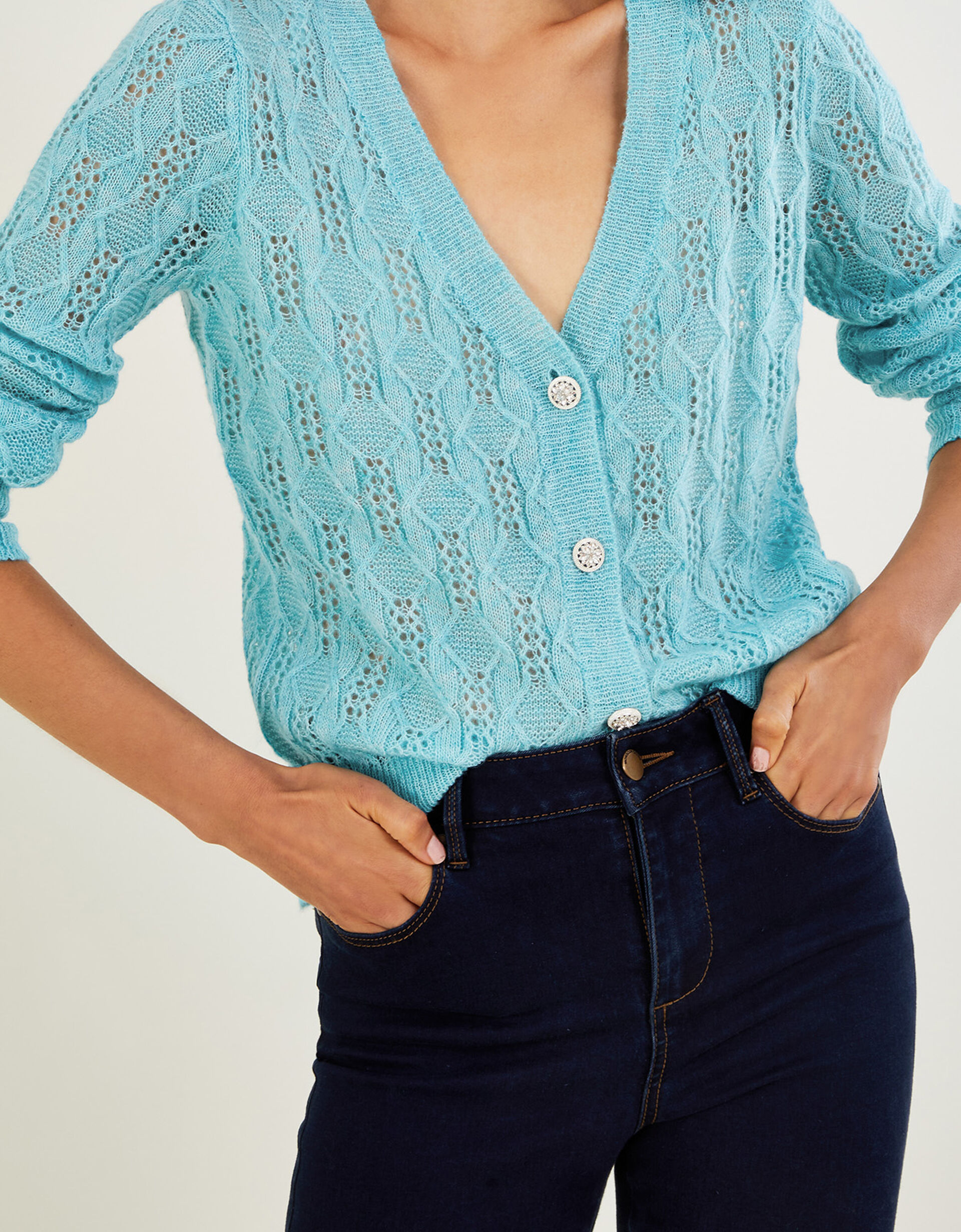 Pointelle Cardigan with Diamante Buttons Blue