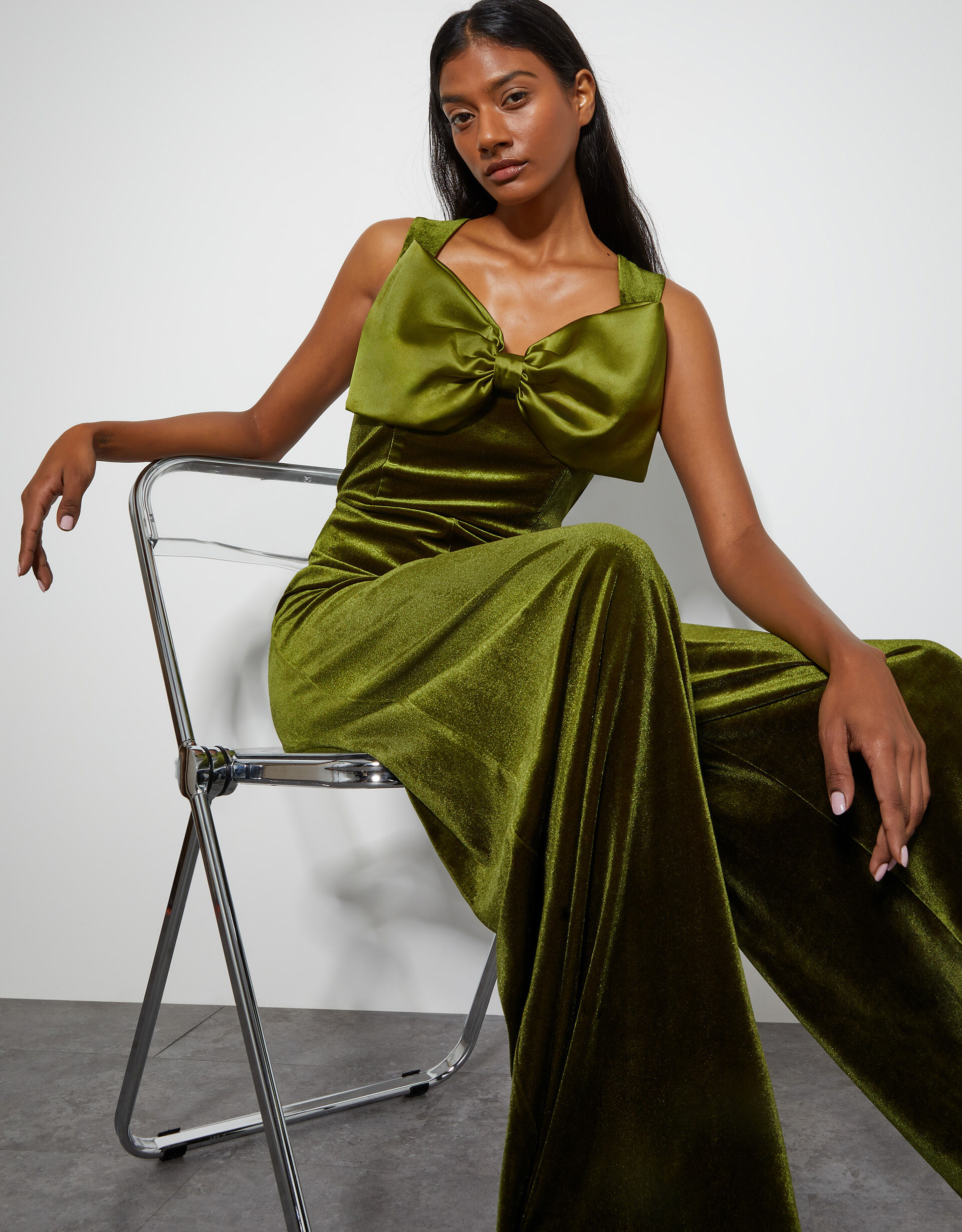 Monsoon x Sarah Corbett-Winder Satin Bow Velvet Jumpsuit Green