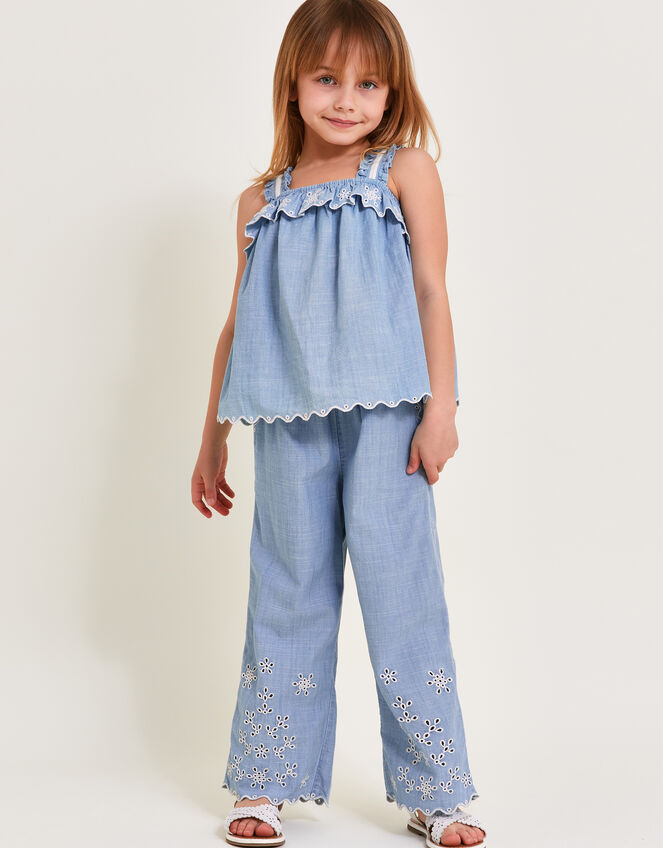 Broderie Wide-Leg Trousers Blue | Girls' Trousers & Shorts | Monsoon UK.