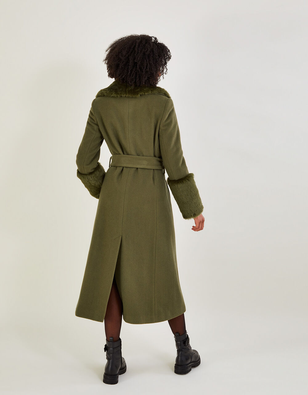 Sadie Faux Fur Trim Wrap Coat Green | Women's Coats | Monsoon UK.