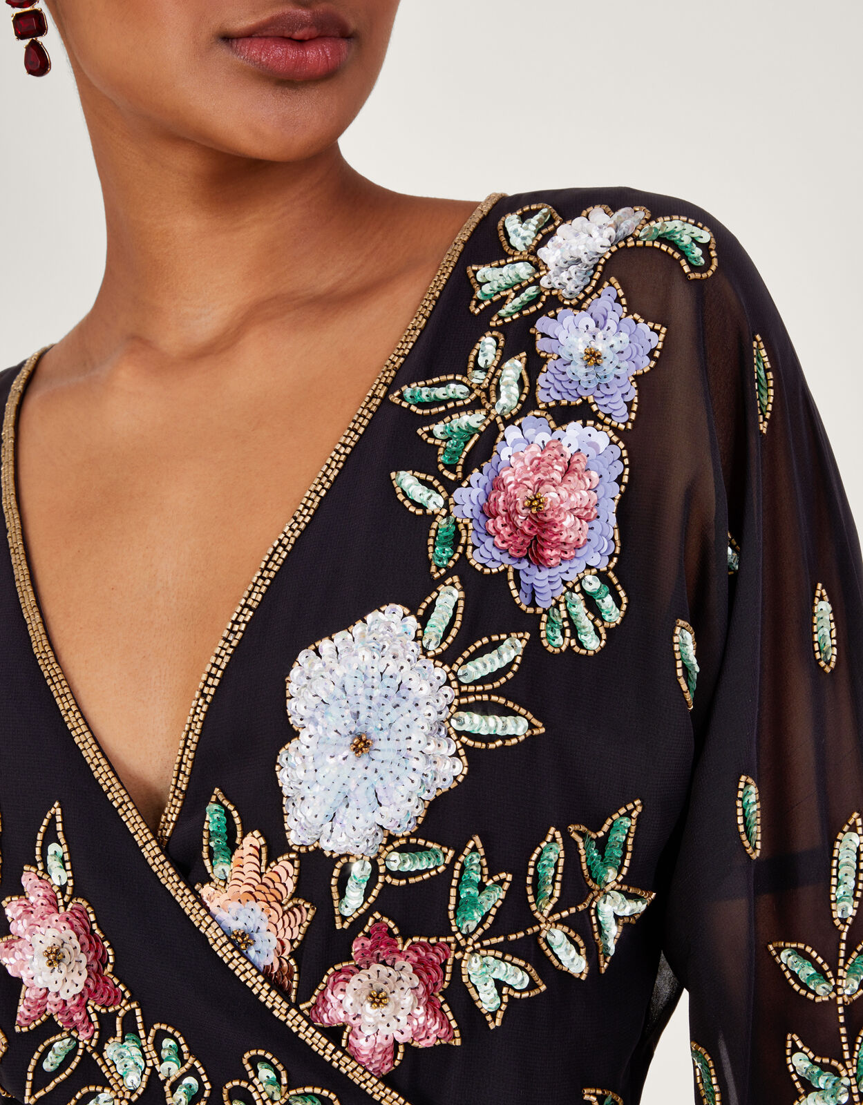 Josie Embroidered Wrap Dress Black