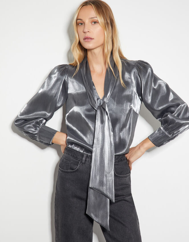 Orla Organza Pussybow Blouse Silver | Blouses & Shirts | Monsoon UK.