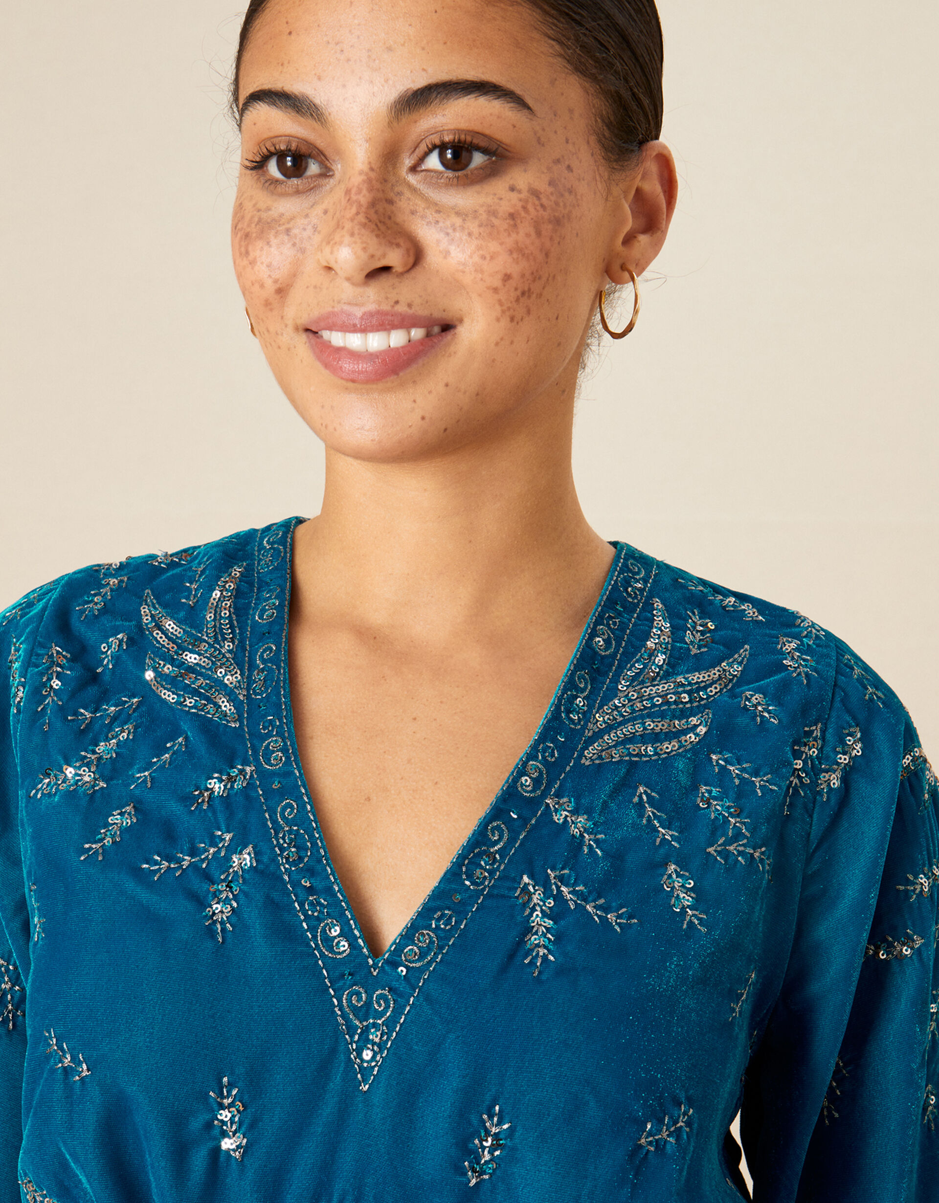 Carly Embroidered Velvet Top Teal | Velvet Tops | Monsoon UK.