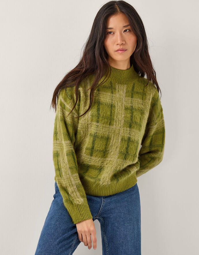 Cleo Brushed Check Print Jumper Green | Jumpers | Monsoon UK.