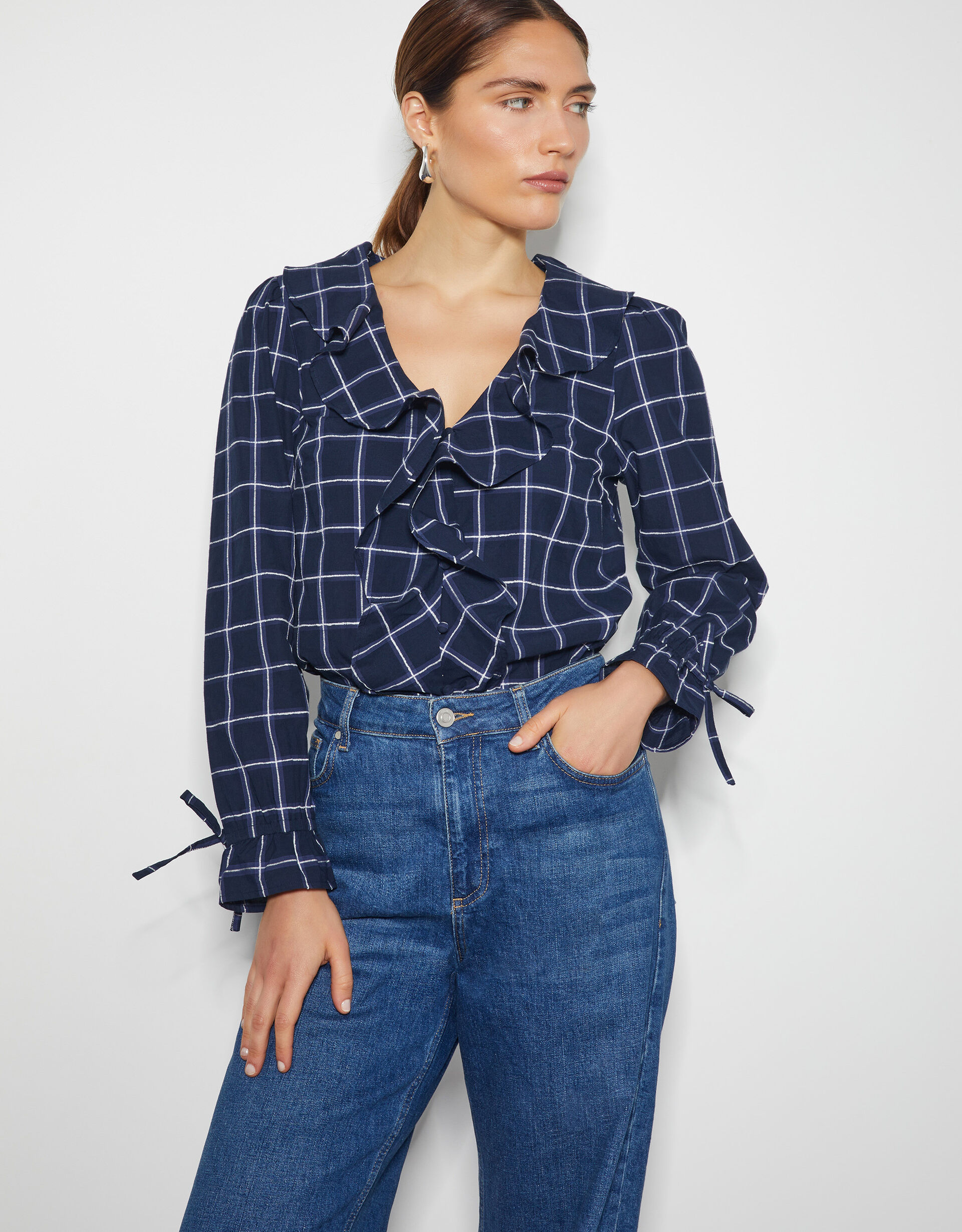 Frankie Check Print Ruffle Blouse Blue | Tops & T-shirts | Monsoon UK.