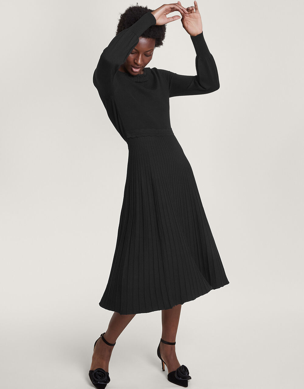 Pleat Trim Slash Neck Midi Dress with LENZING™ ECOVERO™ Black | Day ...