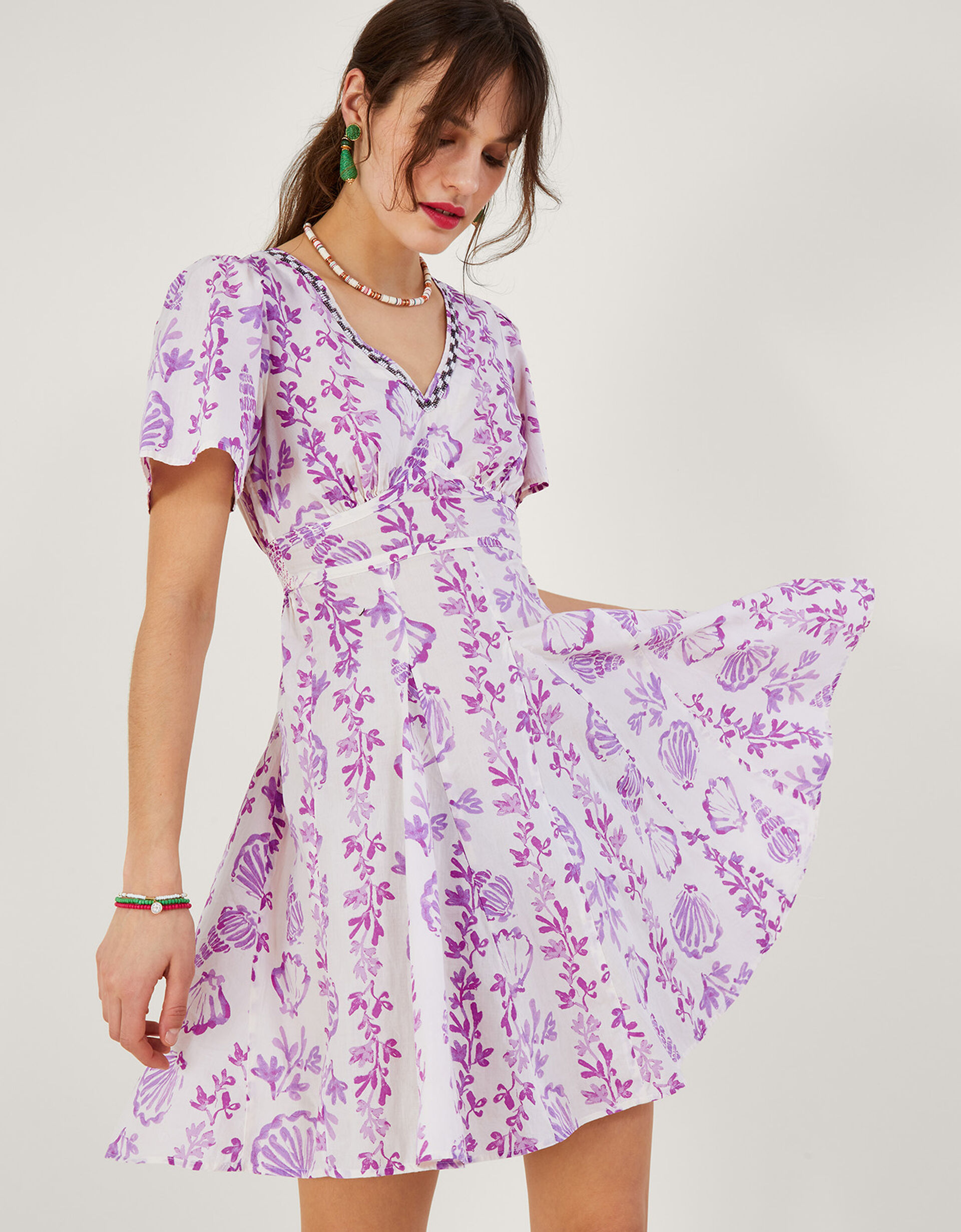 Embellished Shell Print Short Dress Pink