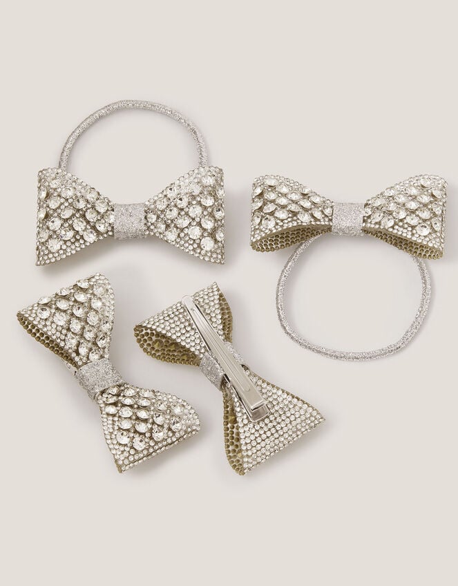 4-Pack Rhinestone Bow Hair Bands & Clips Silver | Accessories | Monsoon UK.