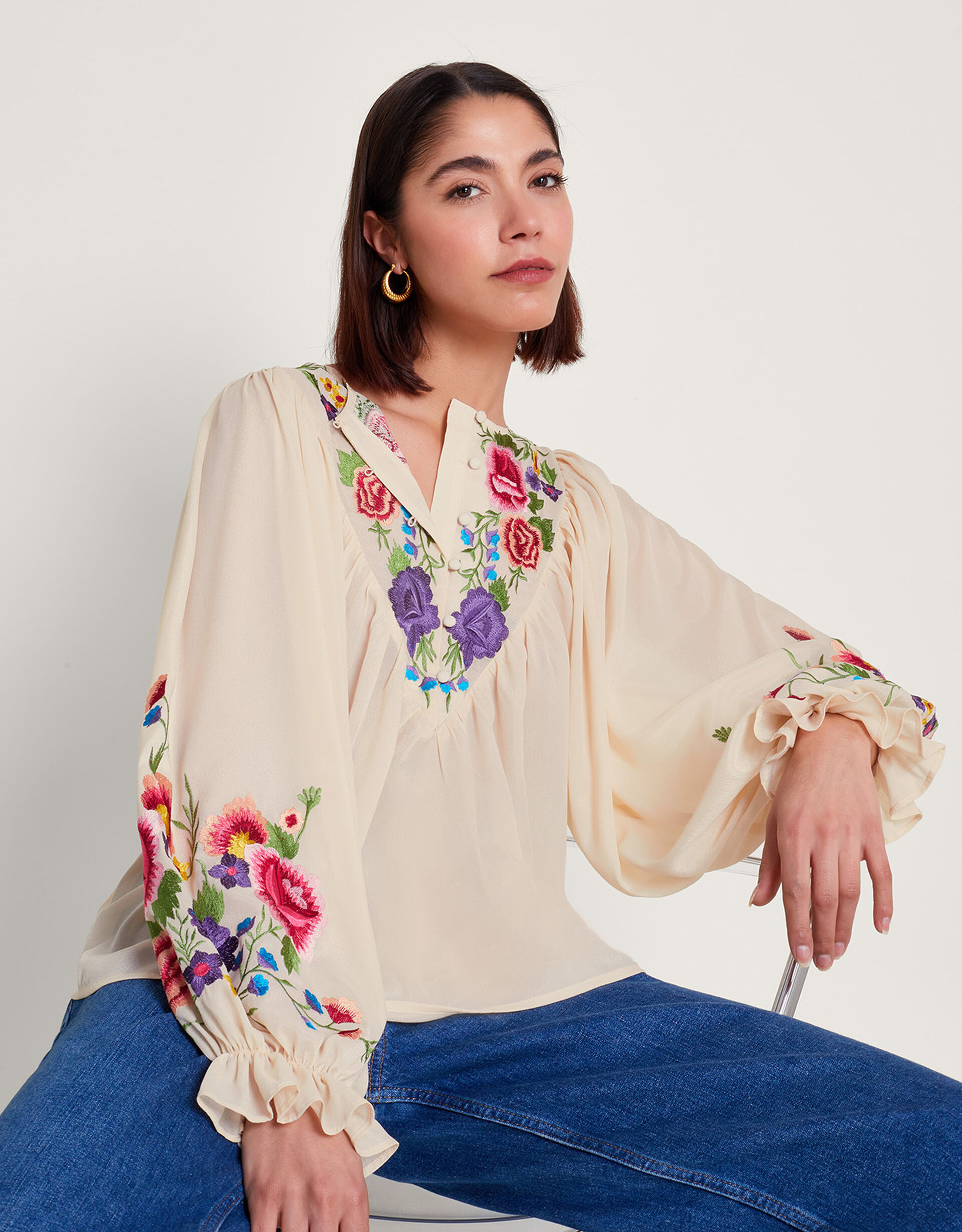Winny Embroidered Floral Blouse Ivory | Tops & T-shirts | Monsoon UK.