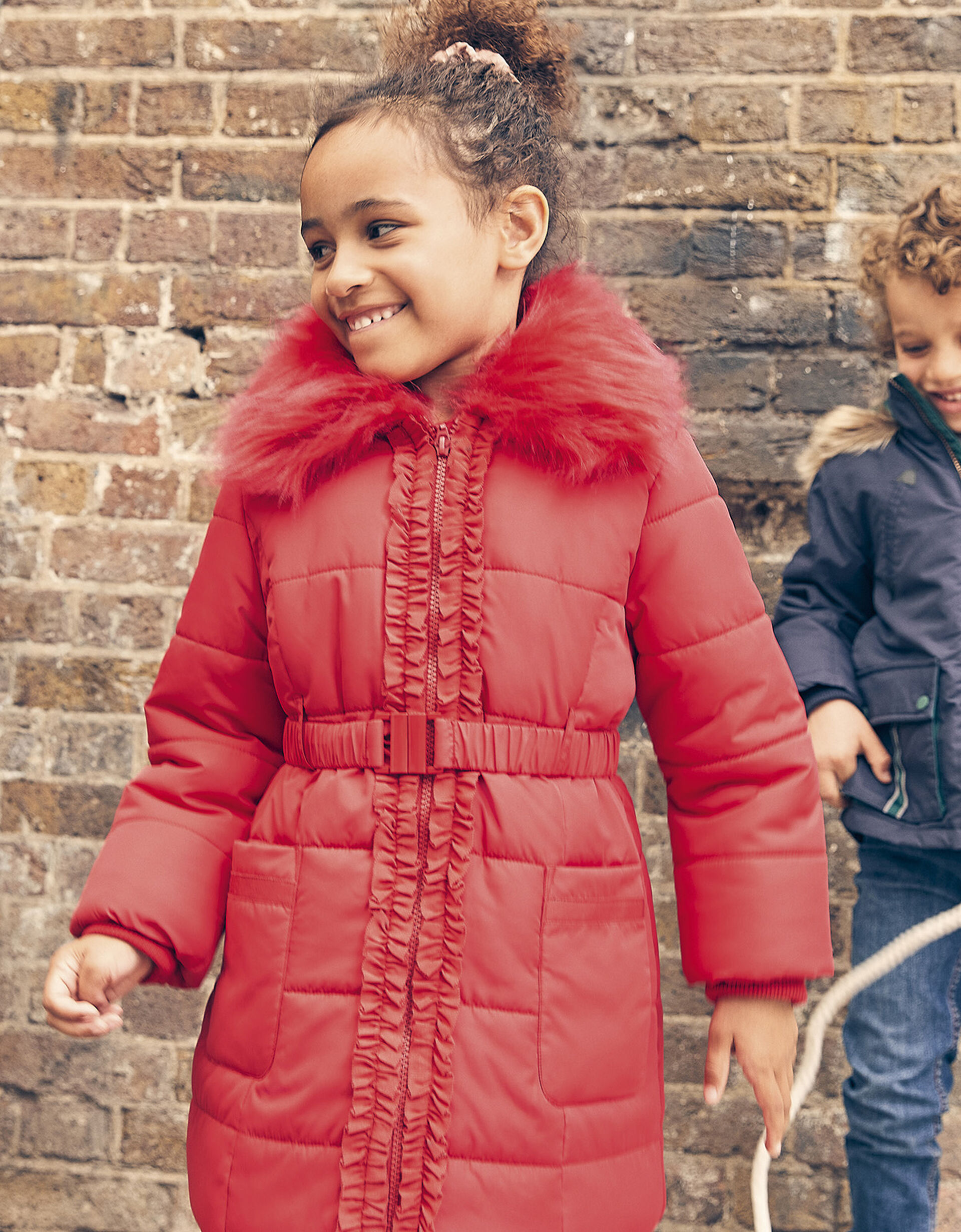 Ruffle Padded and Hooded Coat Red