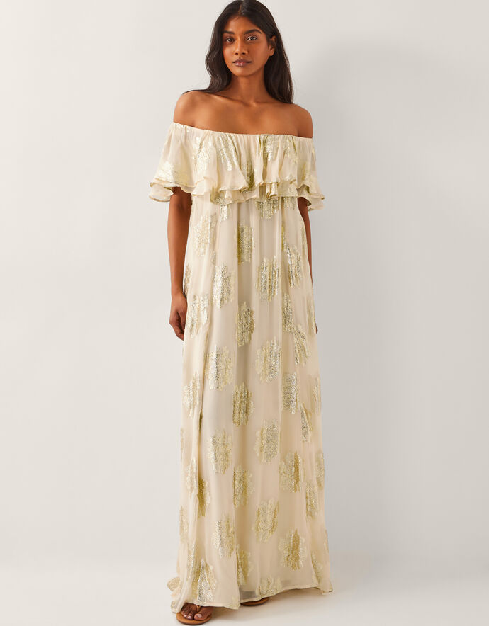 Lyra Metallic Ruffle Maxi Dress Ivory | Evening Dresses | Monsoon UK.