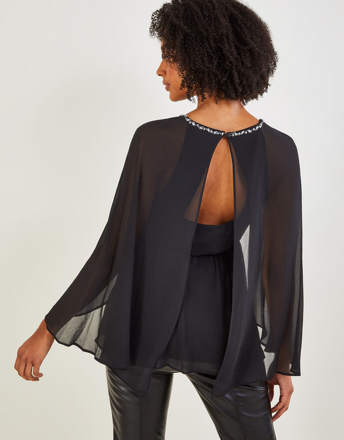 Mindy Embellished Cape Sleeve Top in Recycled Polyester Black