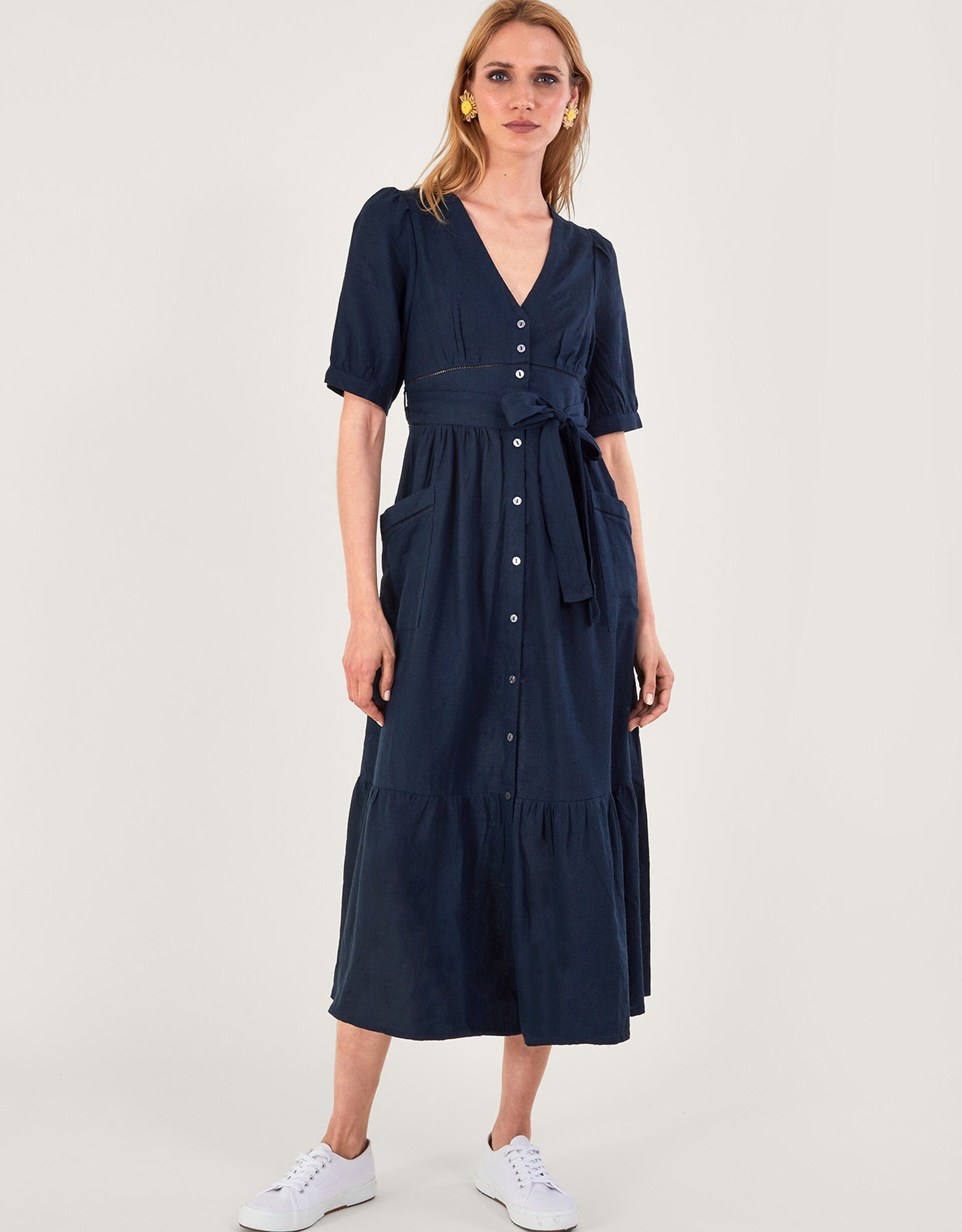 Cutwork Detail Tiered Dress in Linen Blend Blue | Day Dresses | Monsoon UK.