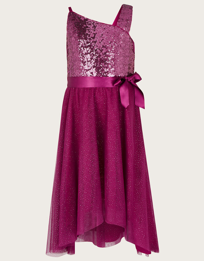 Sequin One-Shoulder Dress Raspberry | Girls' Dresses | Monsoon UK.
