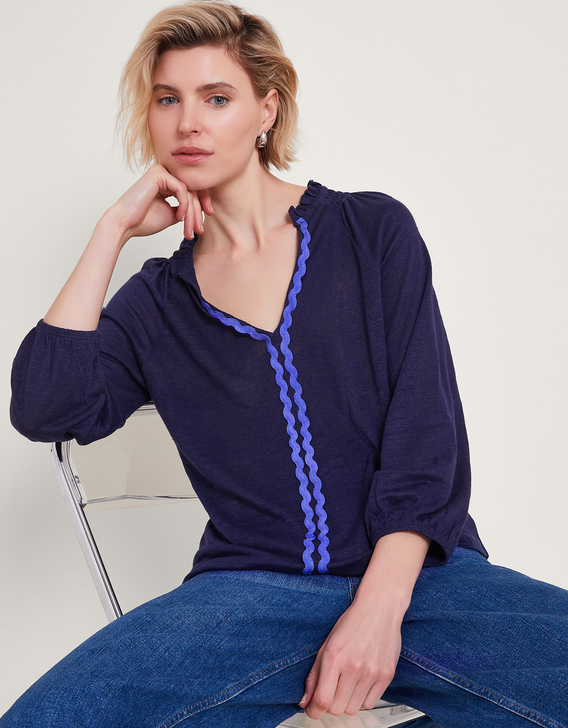 Lola Embroidered Linen Top Blue | Tops & T-shirts | Monsoon UK.