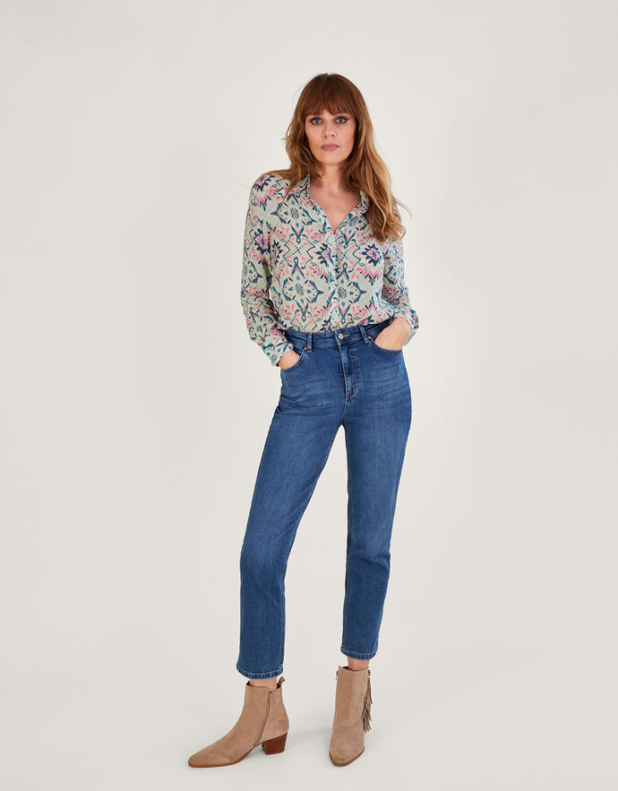 Isla Ikat Print Blouse In Sustainable Viscose Green Tops And T Shirts