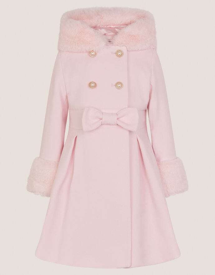 Faux Fur Hood Double-Breasted Coat Pink | Girls' Coats & Jackets ...
