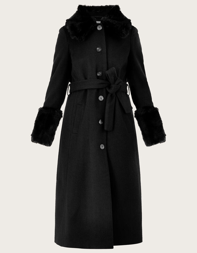 Felicity Faux Fur Trim Belted Wool Blend Coat Black | Women's Coats ...