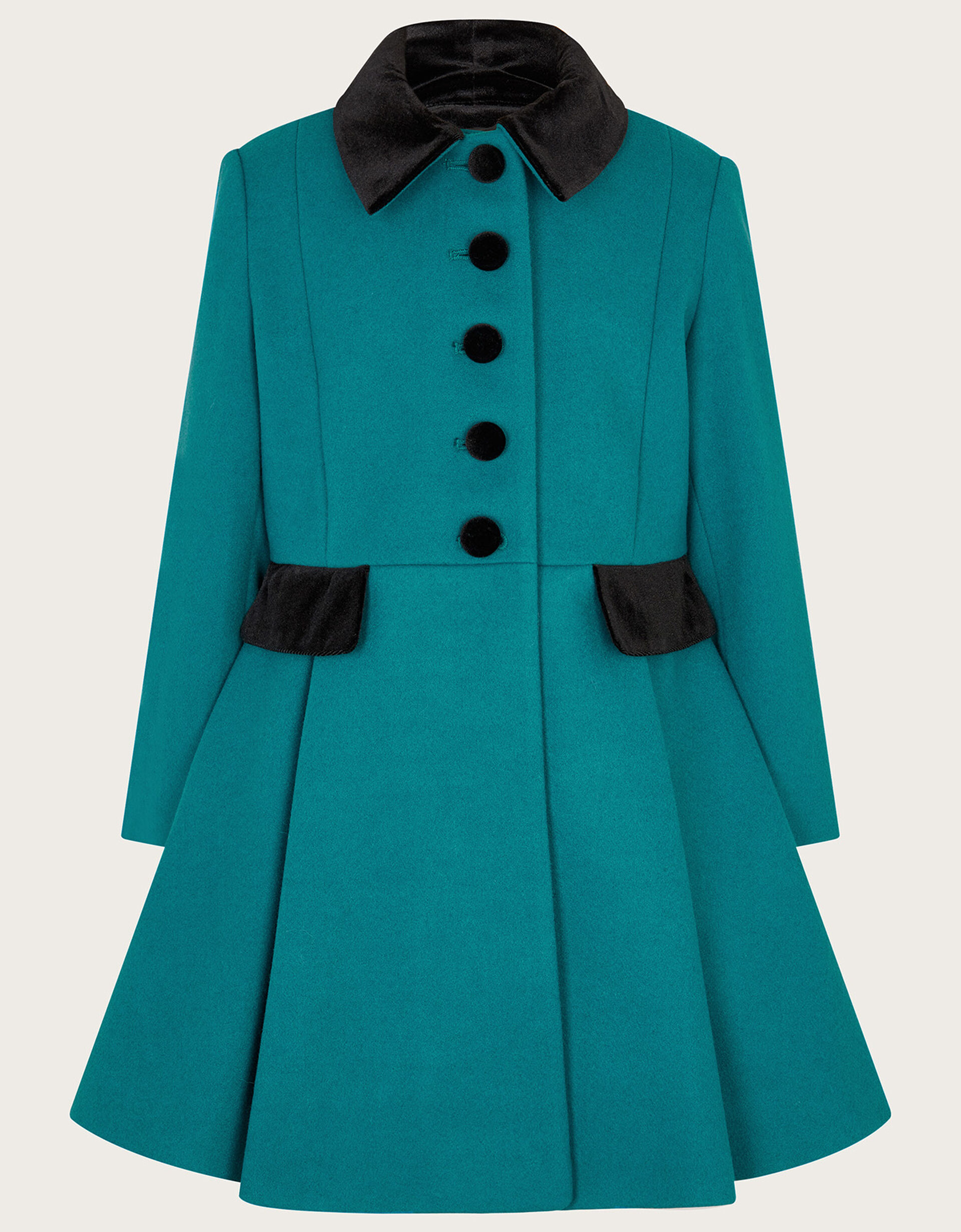 Velvet Trim Skirted Wool Blend Coat Teal