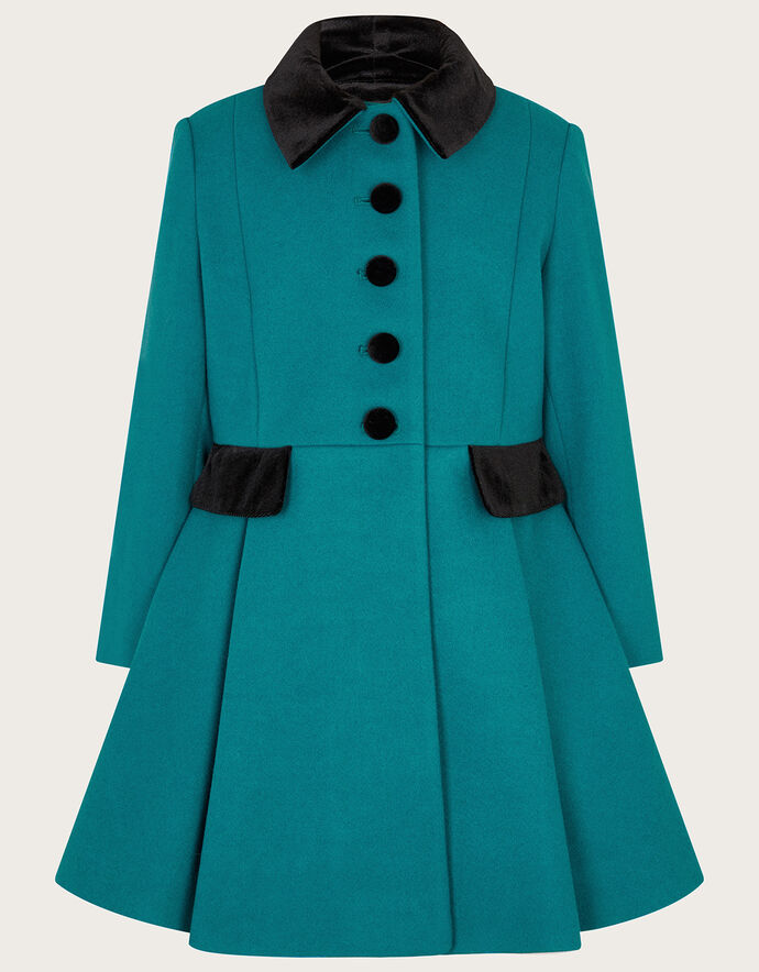 Velvet Trim Skirted Wool Blend Coat Teal