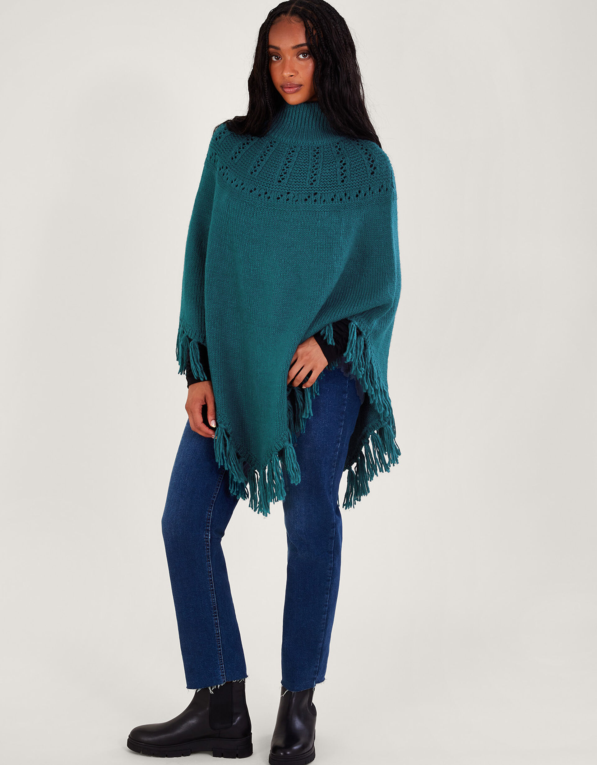 Pointelle Poncho with Fringe Trim
