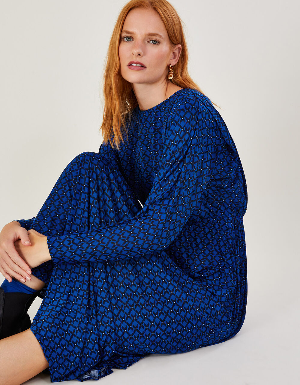 Pleated Batwing Midi Jersey Dress with Recycled Polyester Blue ...