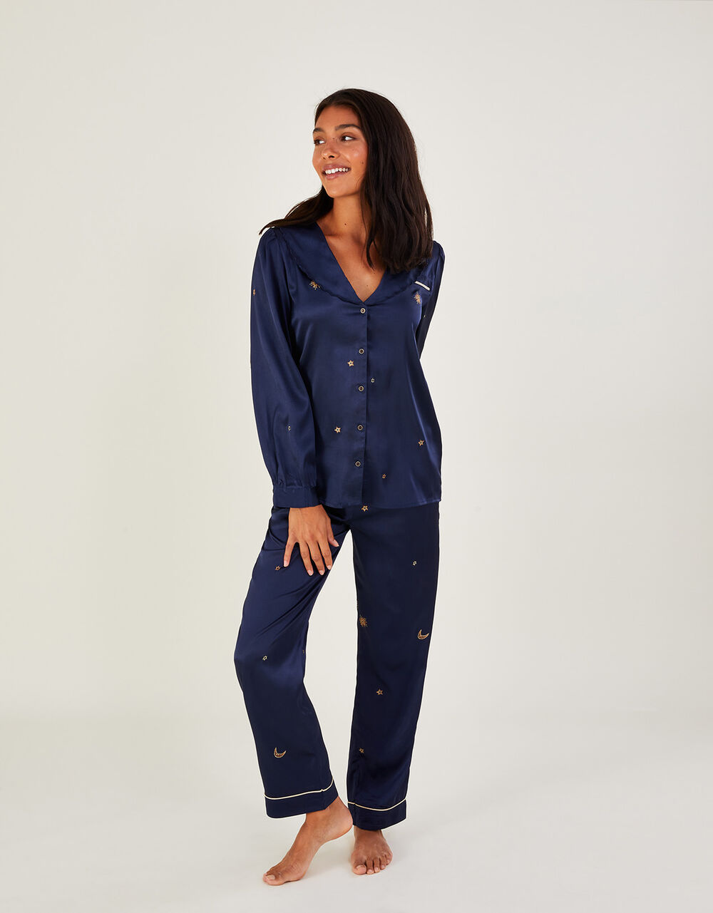 Embroidered Satin Pyjama Set Blue | Pyjamas | Monsoon UK.