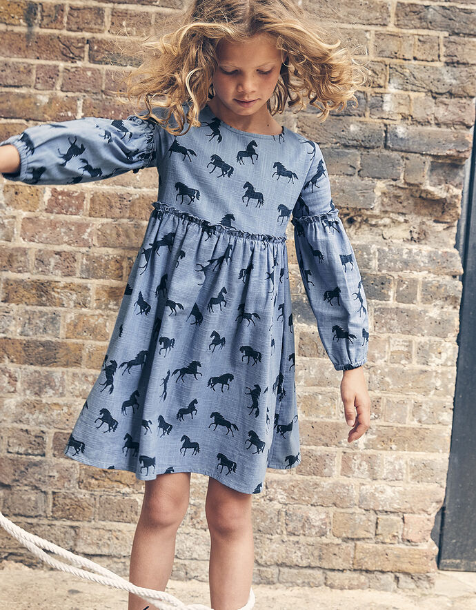 Horse Print Swing Dress Blue | Girls' Dresses | Monsoon UK.