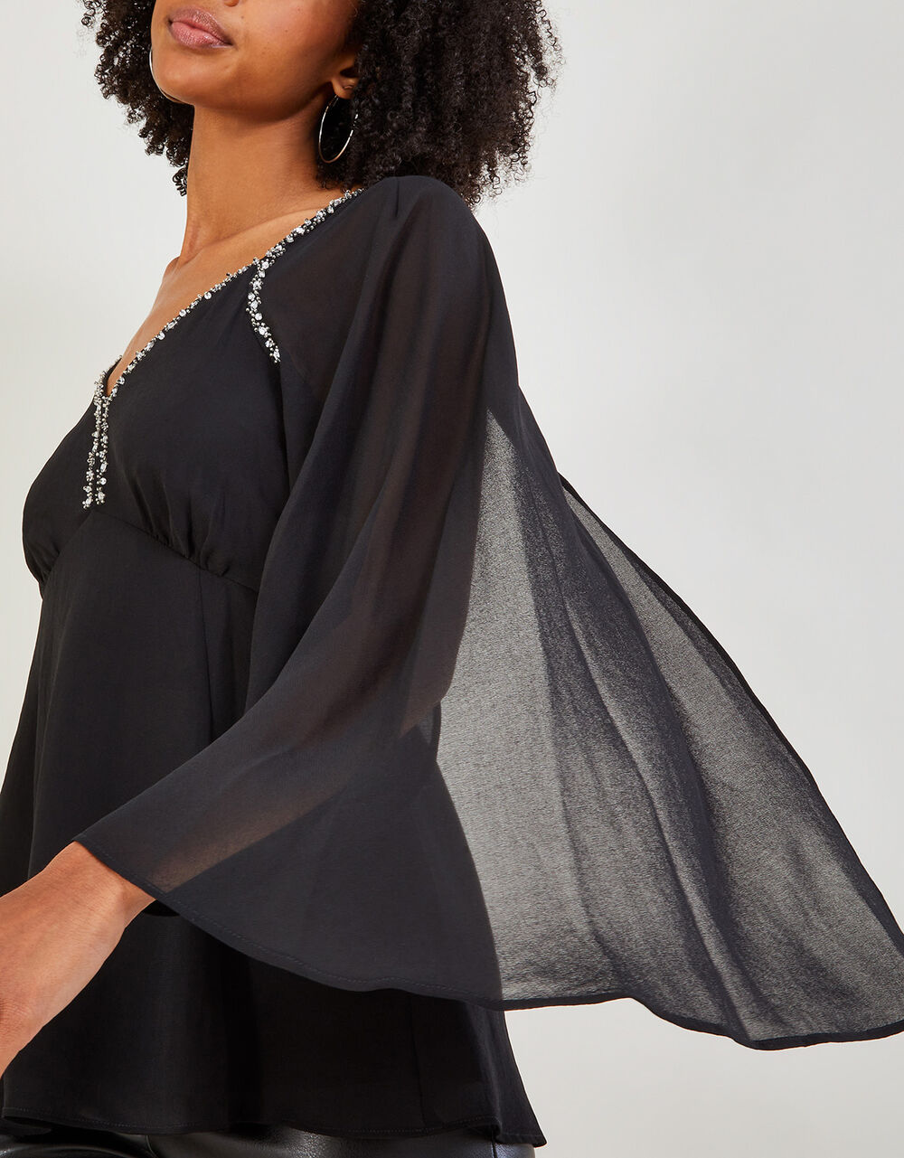 Mindy Embellished Cape Sleeve Top in Recycled Polyester Black | Tops ...