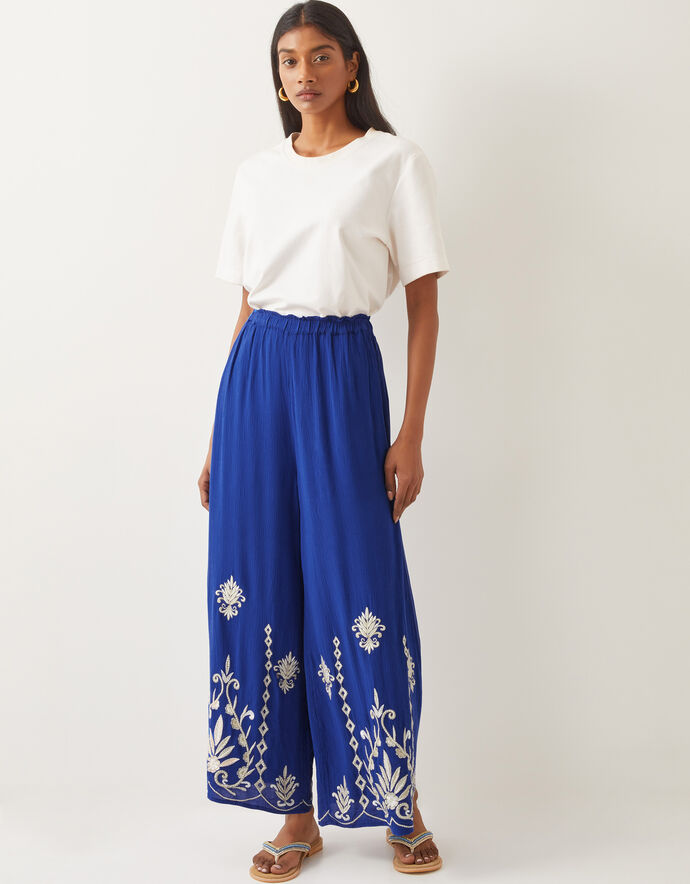 Saffron Embroidered Wide Leg Trousers Blue | Trousers & Leggings ...
