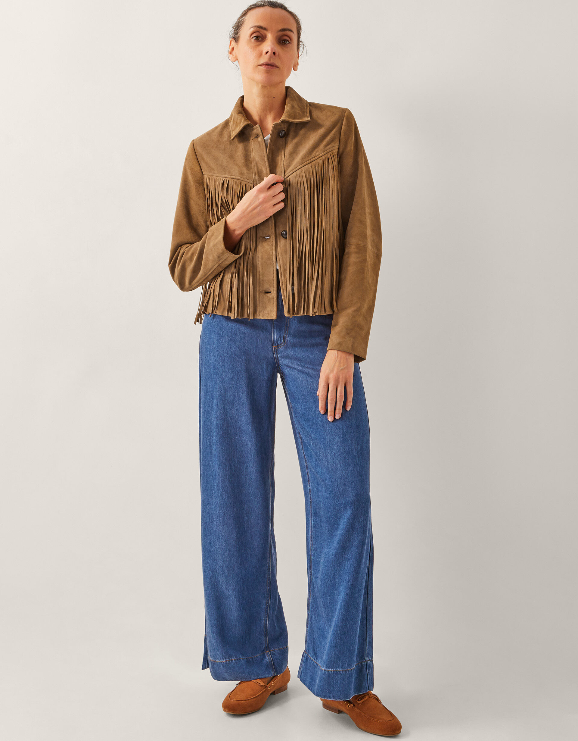 Lily Fringe Suede Jacket Tan | Women's Jackets | Monsoon UK.