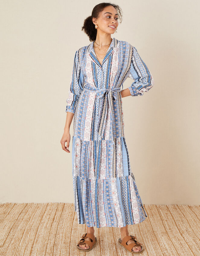 Patch Print Stripe Shirt Dress Blue