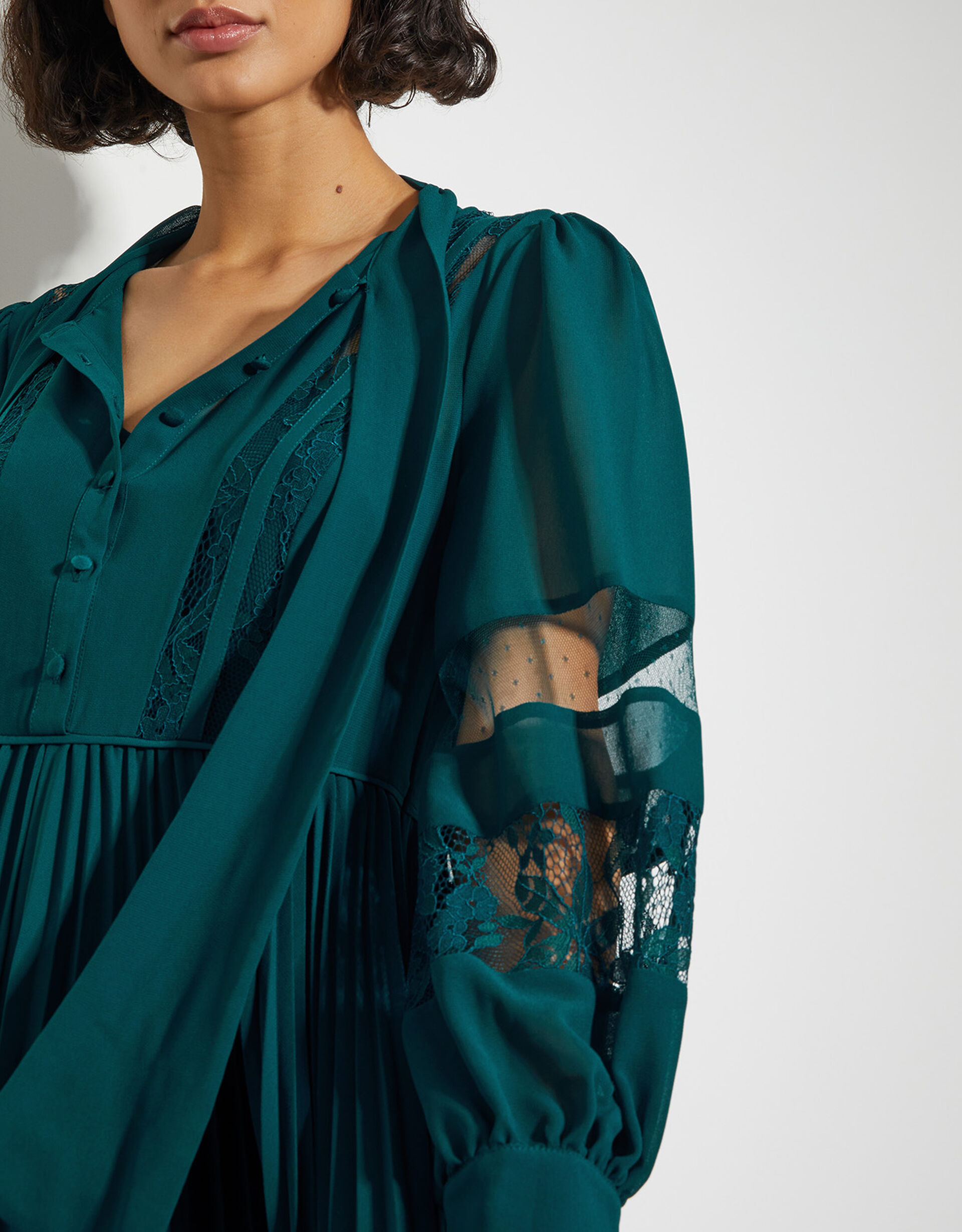 Florence Lace Insert Pleated Midi Dress Green